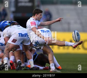 Exeter Chiefs' Jack Maunder kicks the ball out during the Heineken ...