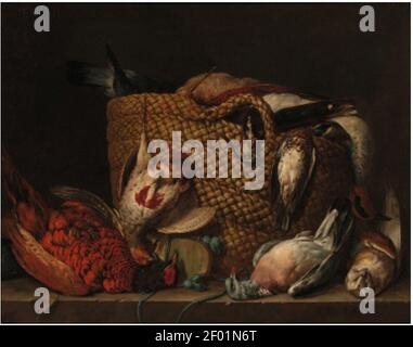 A pheasant, pigeon, owl, and a basket with a partridge, duck, lapwing ...