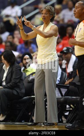 Washington Mystics head coach Trudi Lacey talks with guard Jasmine ...
