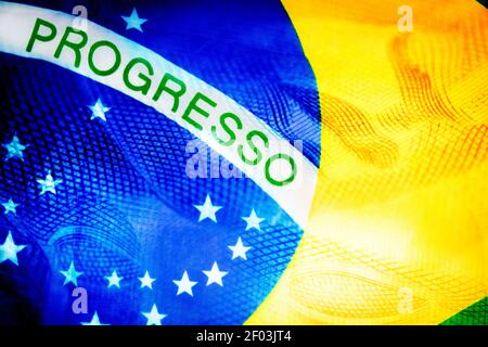 Brazilian money called Real and flag of Brazil image concept Stock ...
