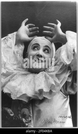 Pilar Morin as clown-mime- head and shoulders, facing slightly right ...