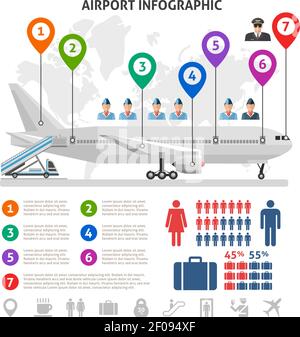 Airport infographics template with airplane world map runway luggage ...