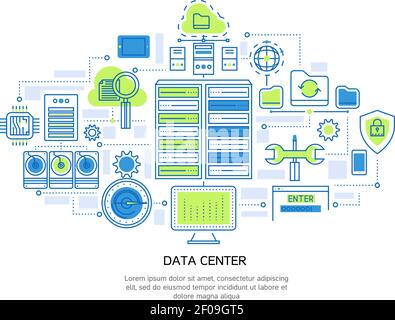 Datacenter linear design including server infrastructure and information security cloud storage ...
