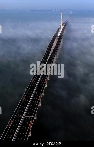Aerial view of the Jiaozhou Bay Bridge or Qingdao Haiwan Bridge, a part ...