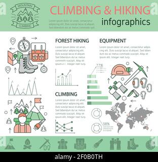 Climbing and hiking linear infographics with mountain equipment world ...