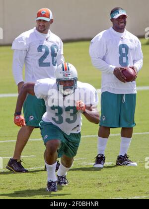 Miami Dolphins' Lex Hilliard (26) goes over the top of the line to ...