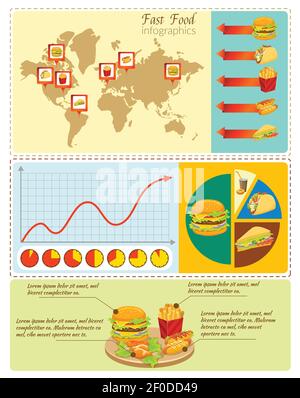 Fast food infographics, world map and characters, burgers hamburgers ...