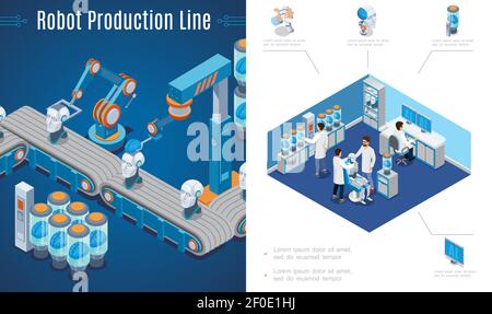 Isometric artificial intelligence concept with scientists create robots and cyborgs in ...