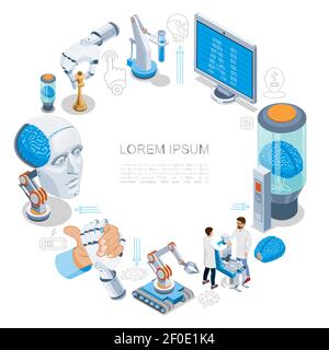 Isometric artificial intelligence concept with scientists create robots and cyborgs in ...