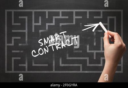Hand drawing SMART CONTRACT inscription with white chalk on blackboard ...