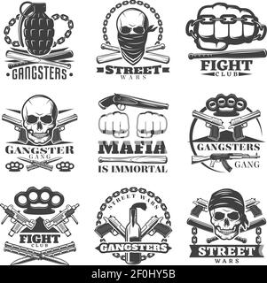 Nine isolated mafia and gangster emblems set with various symbols of ...