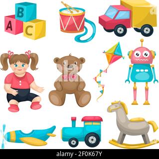 Set of different kid playing with their toys cartoon character isolated ...