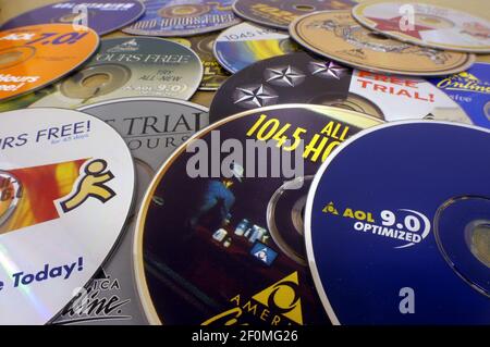 A collection of several years worth of AOL cd-roms is seen on July 25, 2006 in this still life ...