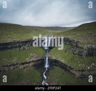 Aerial view of Fossa double-tiered waterfall, Faroe Islands Stock Photo ...