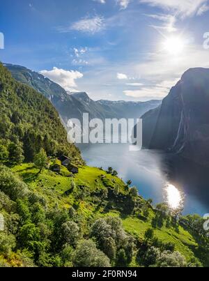 Skagefla, historic mountain farm on steep mountainside, Geirangerfjord ...