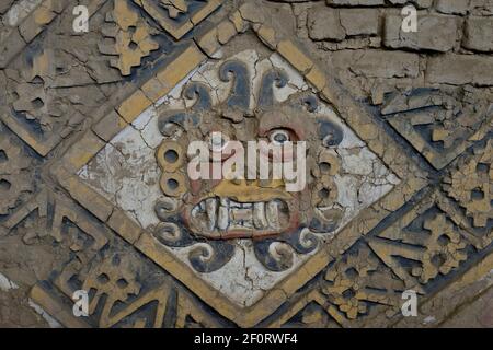 Colourful relief of the Moche culture on adobe walls, Huaca de la Luna ...