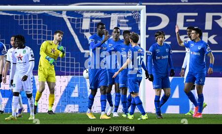 Genk's Paul Onuachu celebrates after scoring during a soccer game ...