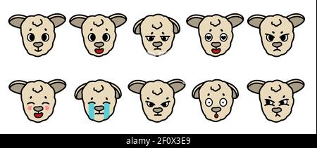 Sheep emoji vector set. Lamb or sheeps face emoticon with cute emotions ...