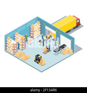 Warehouse isometric composition with working process of loading and unloading the goods and then ...