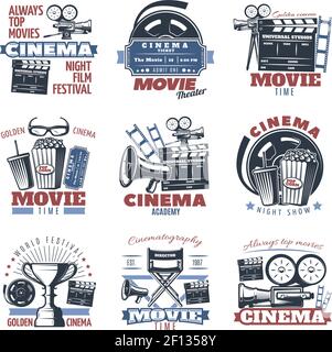 Cinema film, camera, popcorn and other objects. Cinema set in doodle style. Vector illustration ...