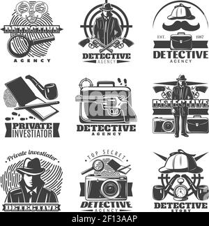 Police private detective agency labels badges and stamps set isolated ...