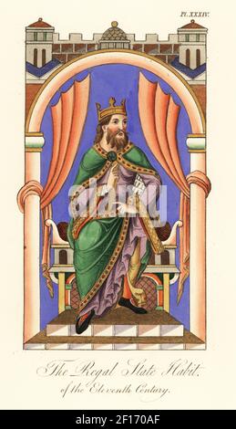 Anglo-Norman king with crown, seated on a throne, wearing fur-lined ...