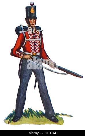 An old illustration showing the uniform of a British infantry grenadier ...