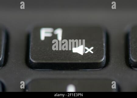 F1 and mute volume key on a laptop keyboard Stock Photo - Alamy