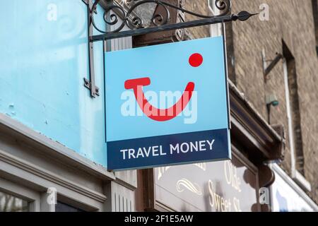 TUI travel money currency exchange sign outside High Street shop ...