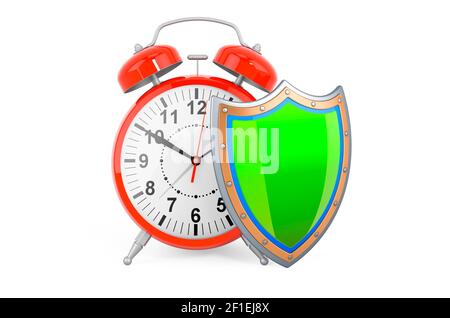 Alarm clock with shield, 3D rendering isolated on white background ...