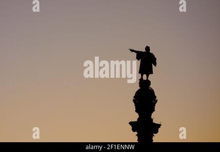 Barcelona Christopher Columbus statue silhouette over sunset clear sky ...