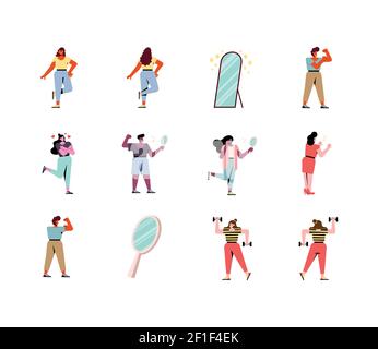 Mirror view. Male and female characters looking mirror exact vector ...