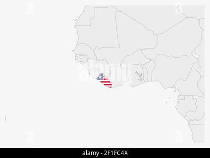 Liberia map highlighted in Liberia flag colors and pin of country ...