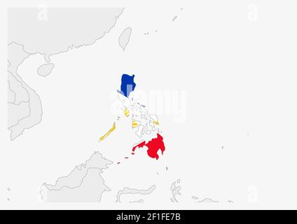 Philippines map highlighted in Philippines flag colors and pin of ...