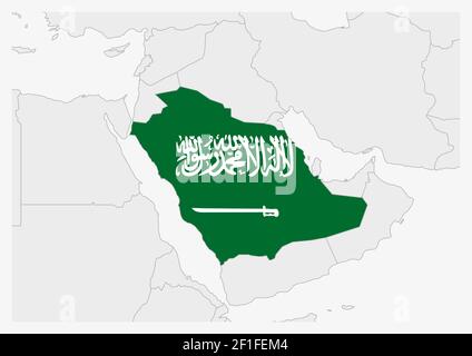 Saudi Arabia map highlighted in Saudi Arabia flag colors and pin of ...
