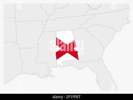 US State Alabama map highlighted in Alabama flag colors and pin of ...