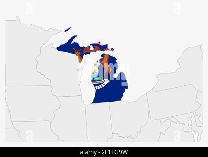 US State Michigan map highlighted in Michigan flag colors and pin of ...