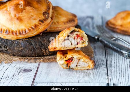 Chicken and chorizo pies in shortcrust pastry - overhead view Stock ...
