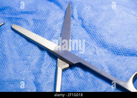 Surgical tool on blue table Stock Photo - Alamy