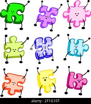 Cute Cartoon Jigsaw Characters With Faces Vector Illustration ...