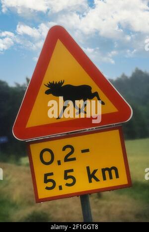 elk warning sign, Sweden Stock Photo - Alamy