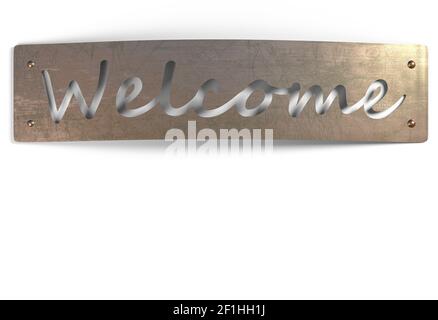 Welcome sign metal copper plate isolated on white 3d illustration Stock ...