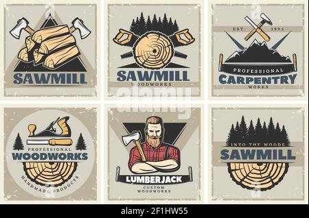 Set of six square lumberjack posters with professional woodworks labels ...