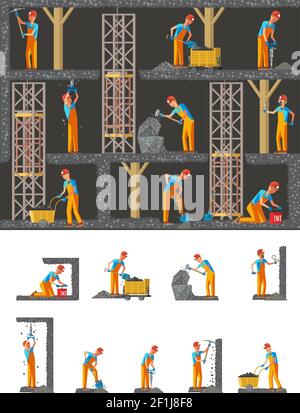 Mining industry flat composition with working miners holding different ...