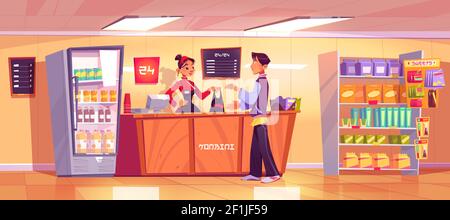 Konbini, convenience store with woman seller at counter and people in ...