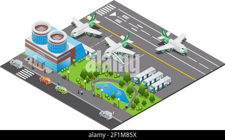 Airport isometric concept with airplanes runway and infrastructure ...