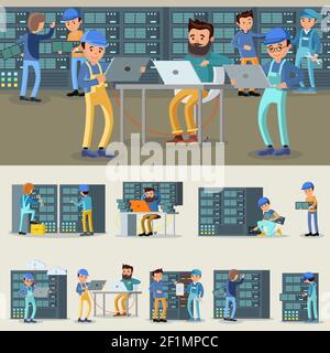 Datacenter professional workers collection with engineers repairing and ...