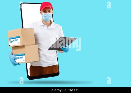 the man delivers the vaccine. Placing VACCINE label on the cardboard ...