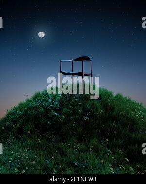 Natural moon night field of fresh grass environment, little hill meadow ...