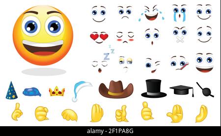 Cartoon emotion creation elements set with eyes mouth different hats ...